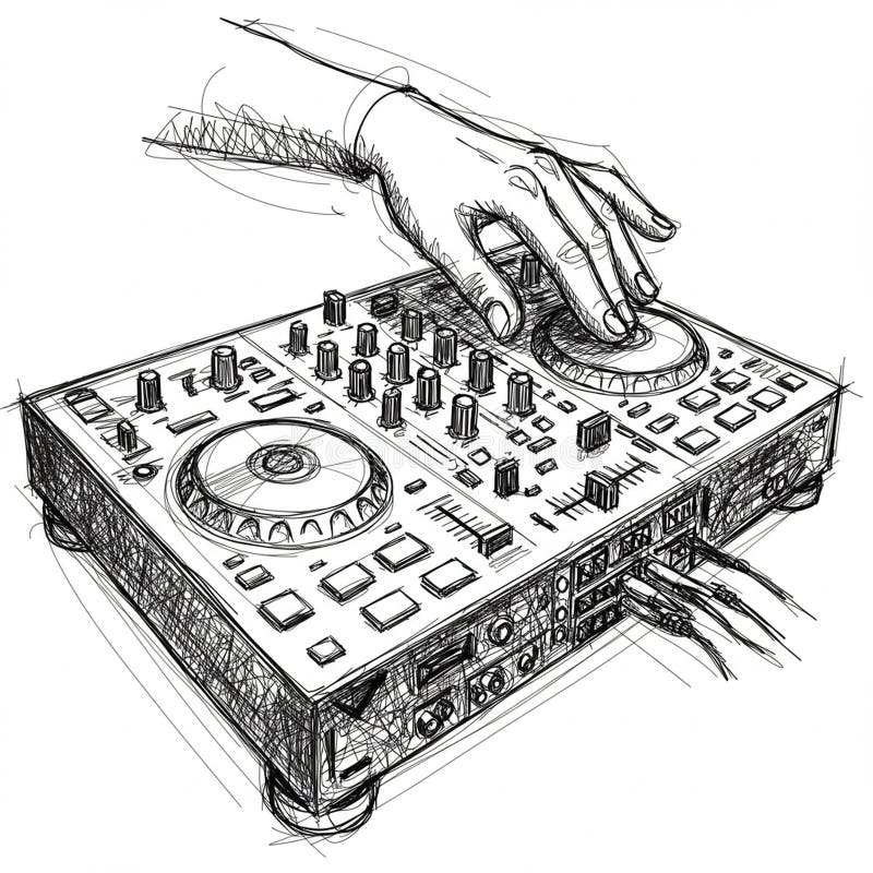 A Detailed Sketch of a DJ Controller with a Hand Manipulating One of ...