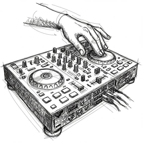 A Detailed Sketch of a DJ Controller with a Hand Manipulating One of ...