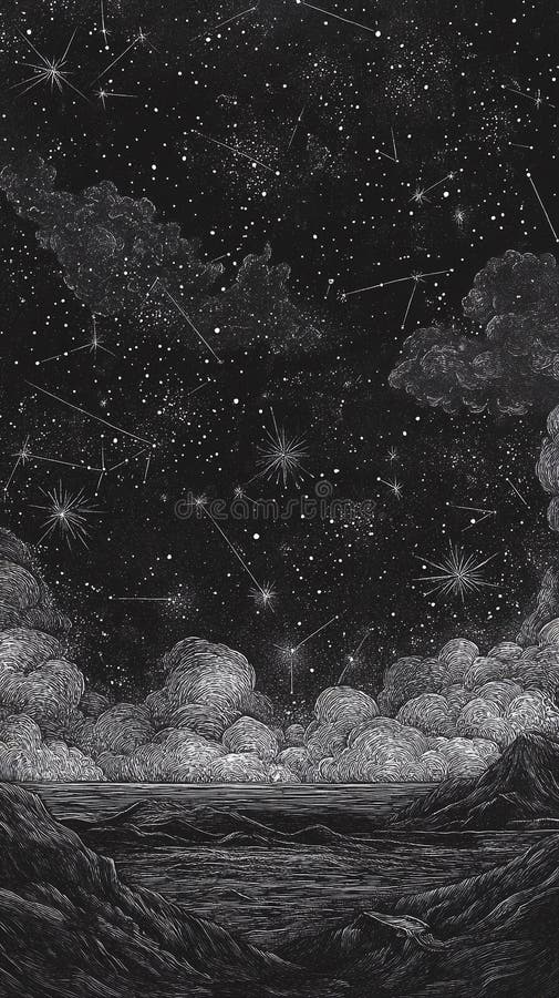 Detailed Sketch Engraving of a Starry Night Sky with Constellations ...
