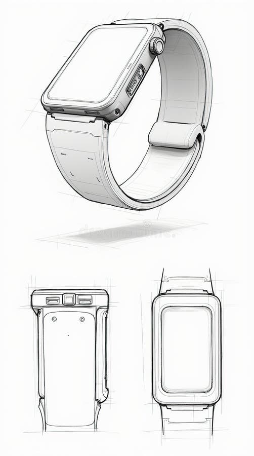 Detailed Sketch of Futuristic Smartwatch Showcasing Multiple Angles and ...