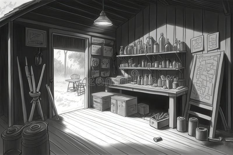 Detailed Sketch of Garage, with Tools and Other Items on Display Stock ...