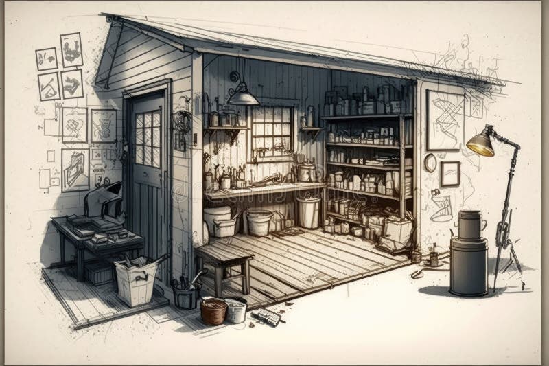 Detailed Sketch of Garage, with Tools and Other Items on Display Stock ...