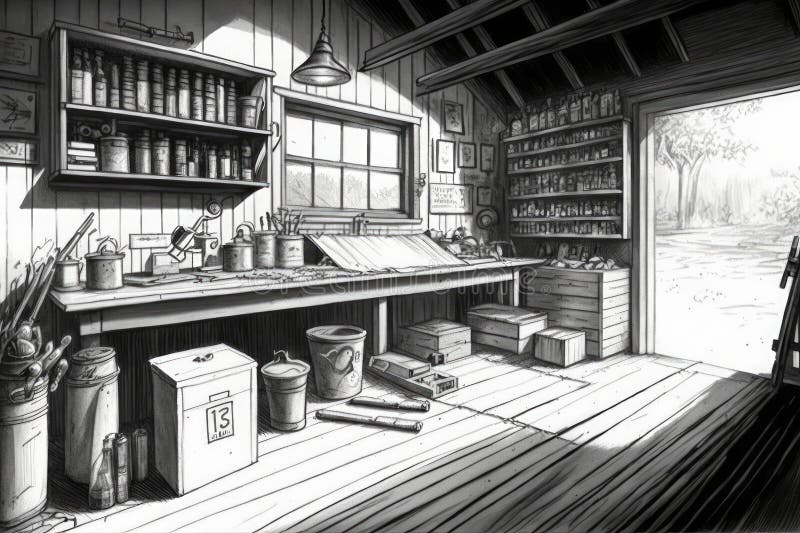Detailed Sketch of Garage, with Tools and Other Items on Display Stock ...
