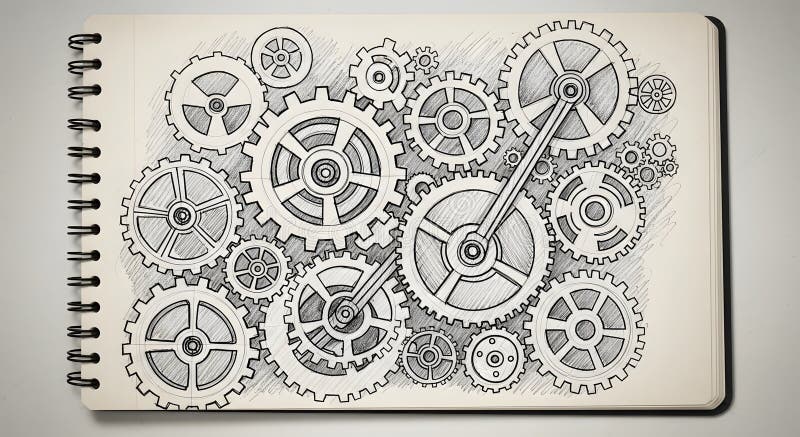 Detailed Sketch of Interlocking Gears on a Notepad, Illustrating ...