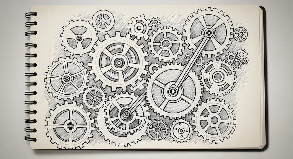 Detailed Sketch of Interlocking Gears on a Notepad, Illustrating ...
