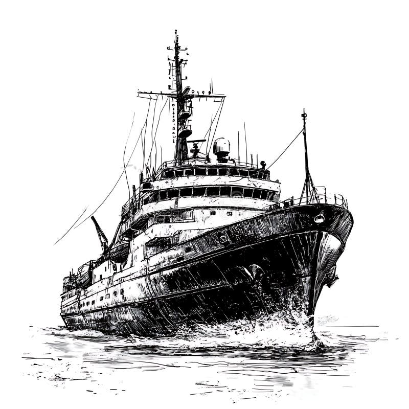 Detailed Sketch of a Large Ship Moving through Water Ink Sketch Stock ...
