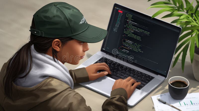 Young Coder Working on Laptop in Cozy Workspace with Coffee and Green ...