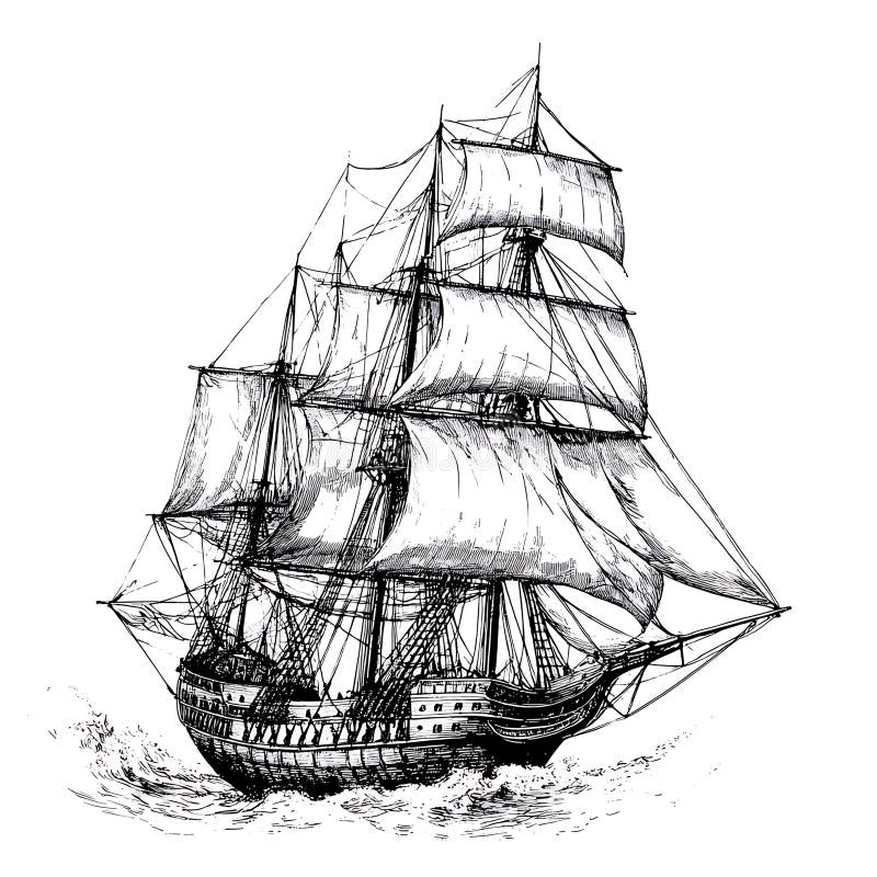 Detailed Sketch of a Sailing Ship at Sea Ink Sketch Stock Illustration ...