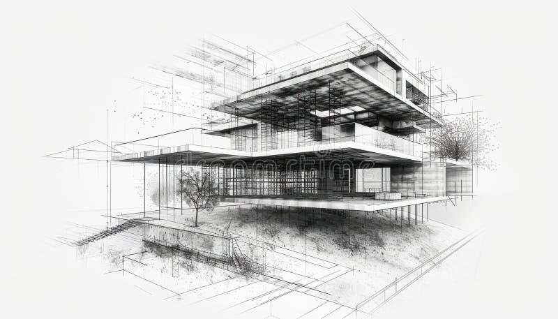 Modern Architectural Sketch of a Multi-level Structure with Unique ...