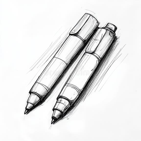 Detailed Sketch of Two Pens Resting on White Paper Stock Illustration ...