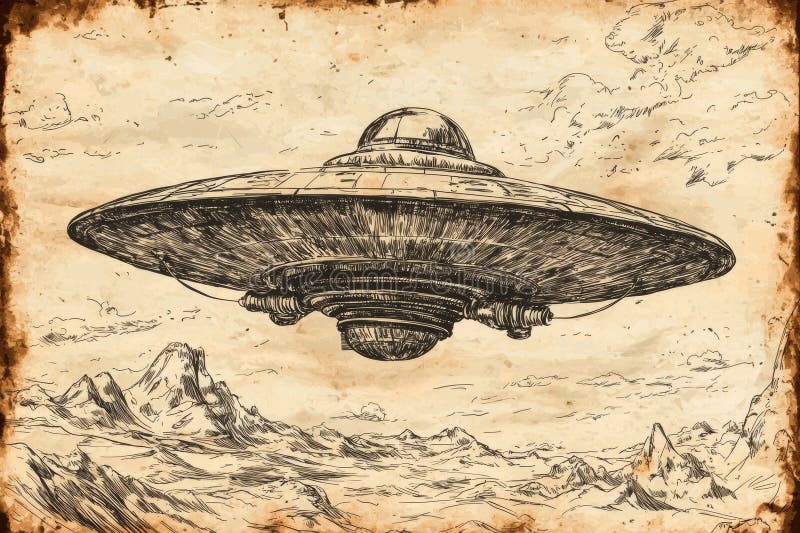 Detailed Sketch of an UFO Hovering Over a Desert Landscape in Black and ...