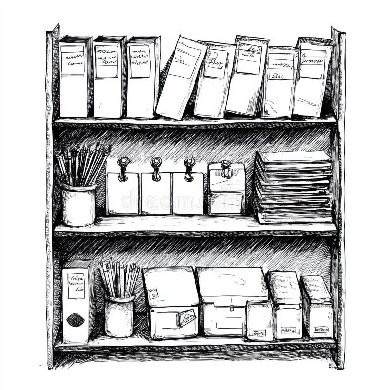 Detailed Sketch of a Wooden Shelf Filled with Organized Files and ...