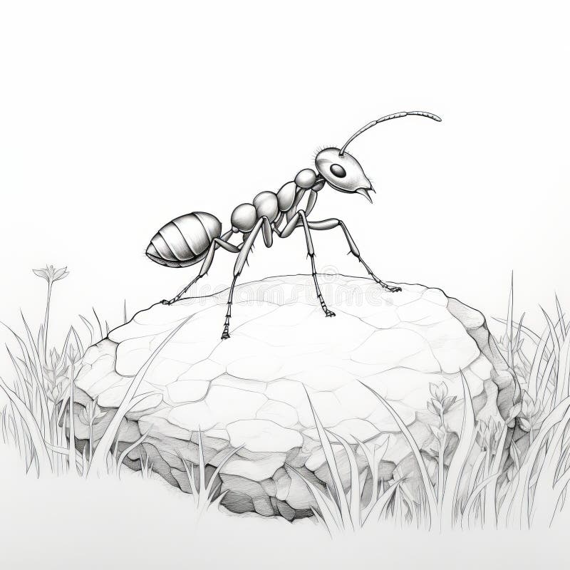 Detailed Sketching of an Ant on a Rock in a Grassy Area Stock ...
