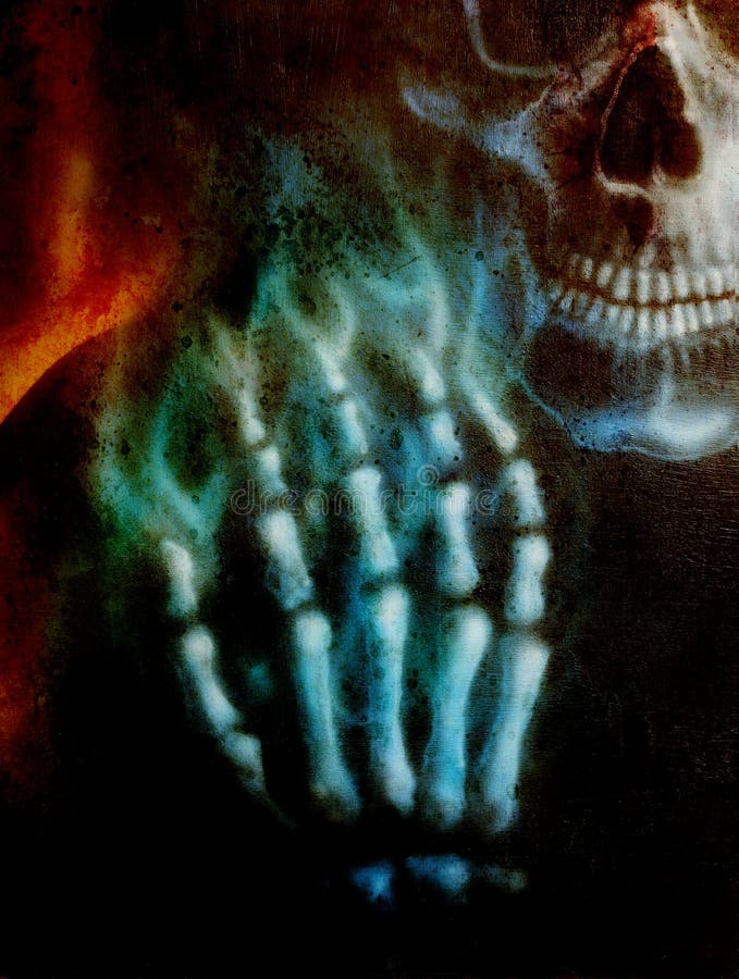 Detailed Skull and Skeleton Hand and Fire, on Black Background. Stock ...