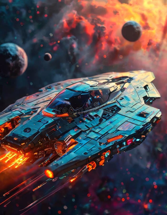 Spacecraft Exploring Deep Space with Vibrant Nebula and Planets Stock ...