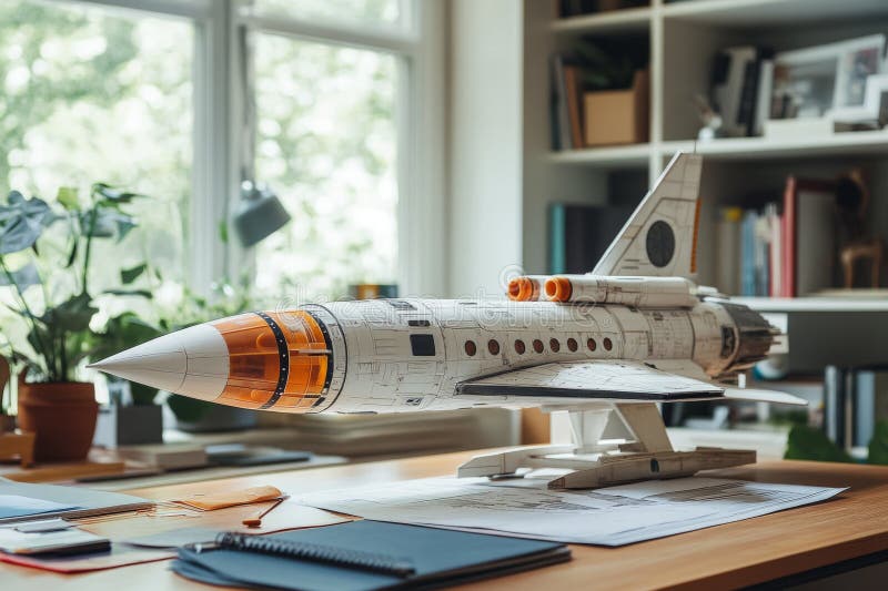 Detailed Spaceship Model Resting on Engineering Blueprints in Bright ...