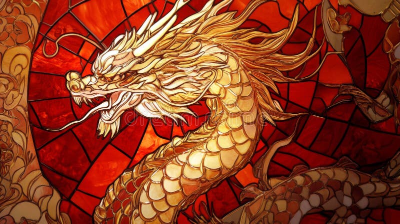 A Detailed Stained Glass Dragon with a Red Background Stock ...