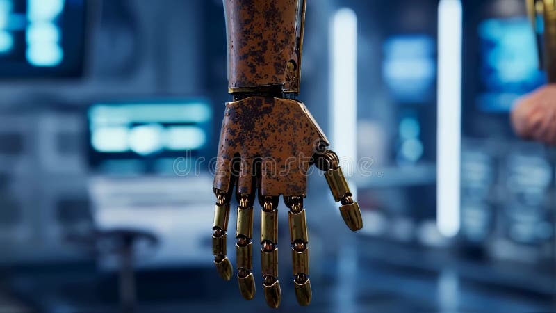 Close-up of a Weathered, Metallic Robotic Hand with Articulated Golden ...
