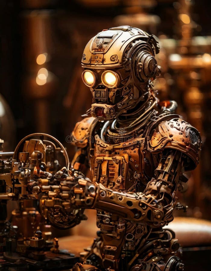 Intricate Steampunk Robot Working in a Workshop Stock Photo - Image of ...