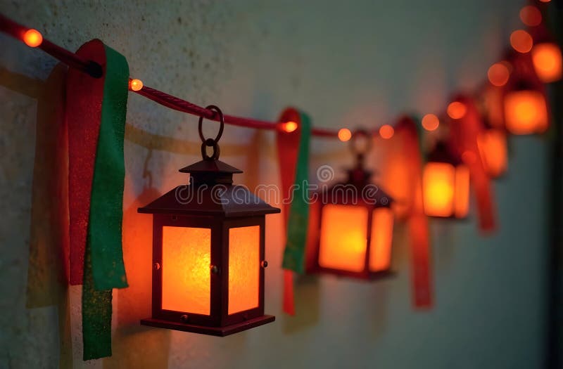 A Detailed String of Traditional Lanterns Glowing with Soft Light ...