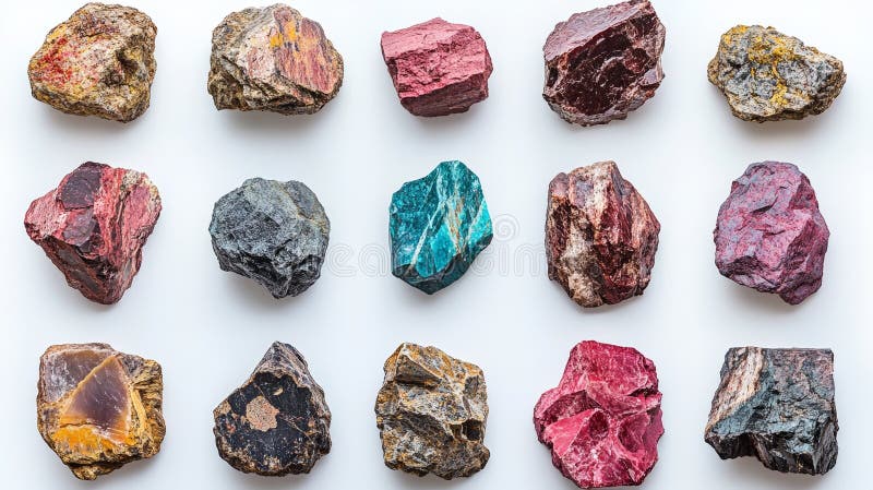 In a Detailed Studio Display, a Variety of Colorful Natural Rocks are ...