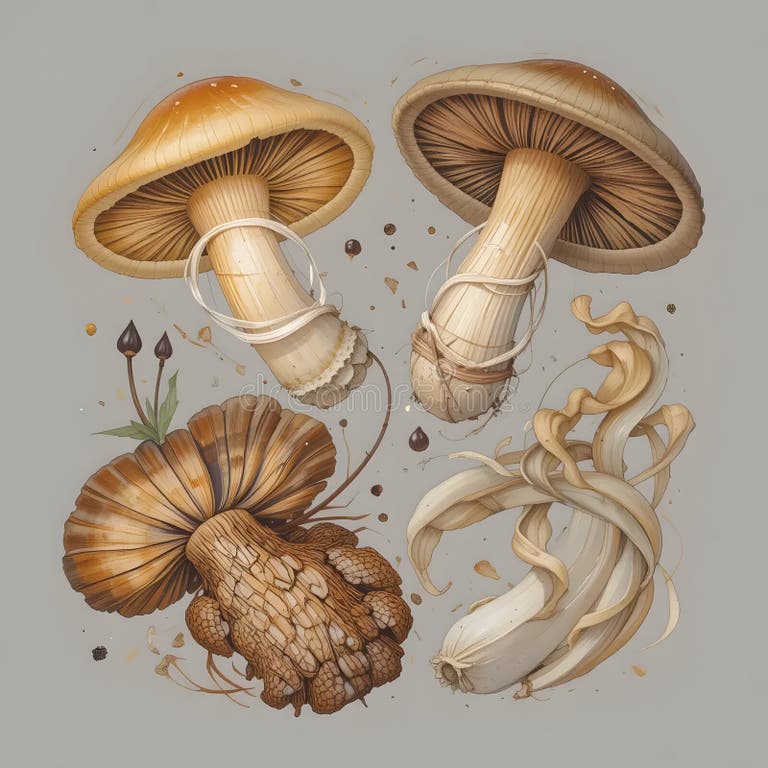 Detailed Study of Various Mushroom Species on a Gray Backdrop Stock ...
