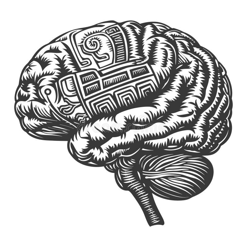 Stylized Brain with Circuit Board Pattern: Intricate Monochrome ...