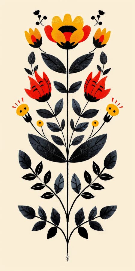 Symmetrical Drawing of Flowers and Leaves on White Background Stock ...