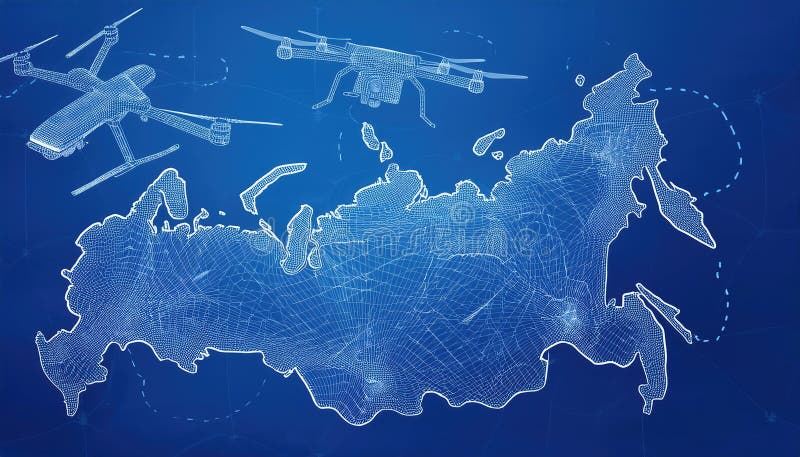Tactical Overview of Fixed Wing Drones Operating Over a Wireframe Map ...