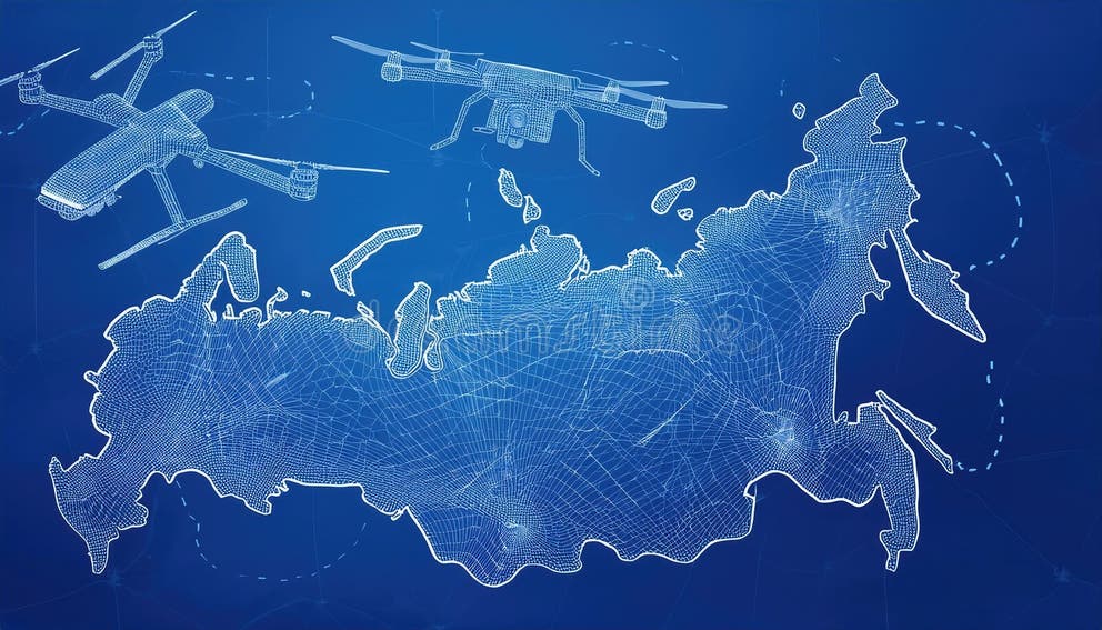 Tactical Overview of Fixed Wing Drones Operating Over a Wireframe Map ...