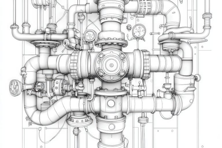 Detailed Technical Blueprint of Complex Industrial Pipe Network with ...