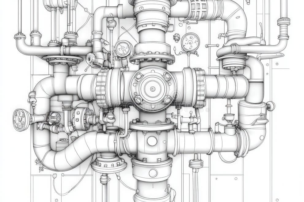 Detailed Technical Blueprint of Complex Industrial Pipe Network with ...