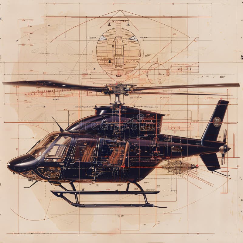 Detailed Technical Blueprint of a Helicopter, Showcasing Various Views ...