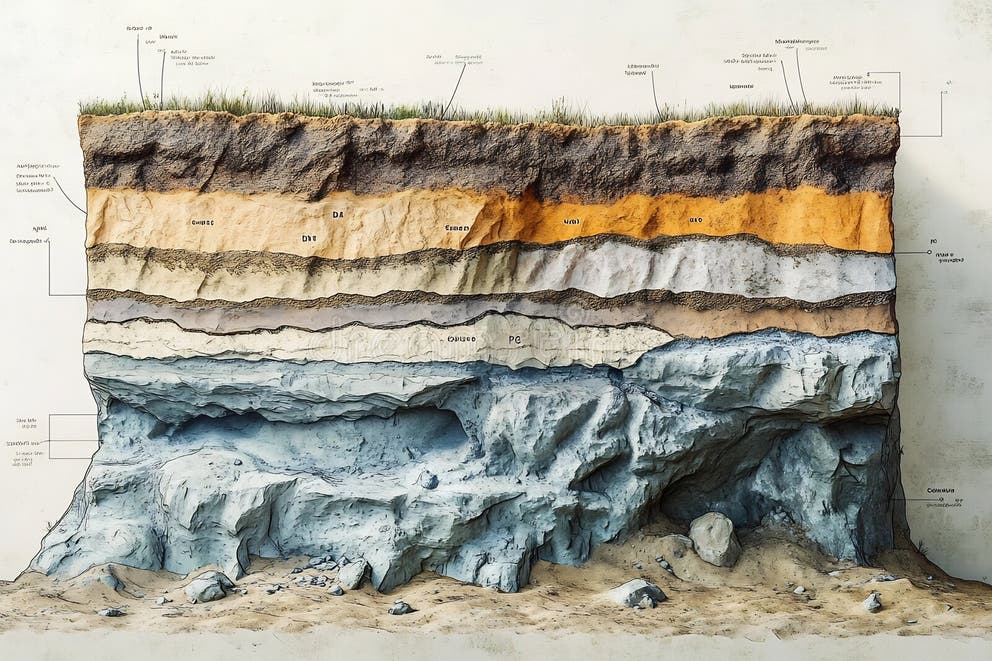 Detailed Technical Cutaway Diagram of Subsurface Soil Composition with ...