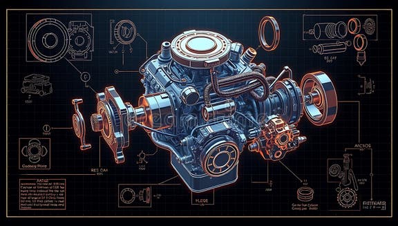 Detailed Technical Diagram Showing a Complex Engine Design Stock ...