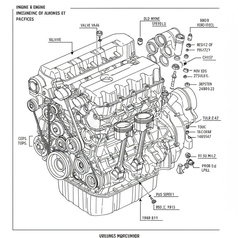 Detailed Technical Drawing of an Internal Combustion Engine, Showcasing ...