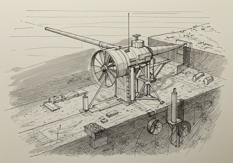 A Detailed Technical Drawing of a Large Mechanical Apparatus Featuring ...