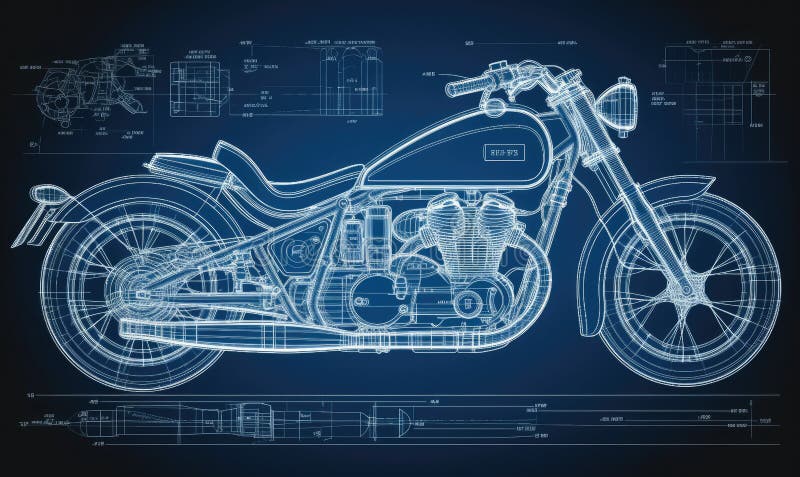 Detailed Technical Drawing of a Motorcycle Showcased in a Blueprint ...