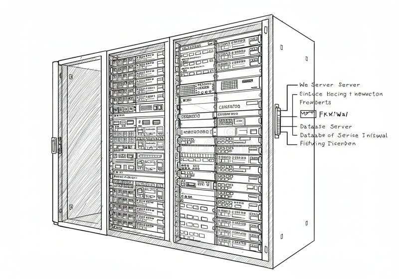 Detailed Technical Drawing of a Server Rack System, Showcasing Multiple ...
