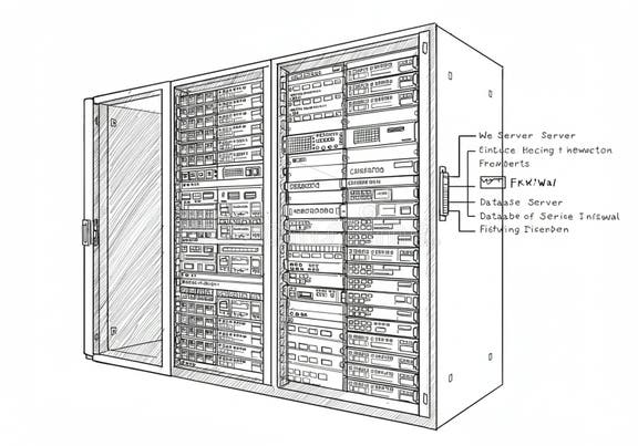 Detailed Technical Drawing of a Server Rack System, Showcasing Multiple ...