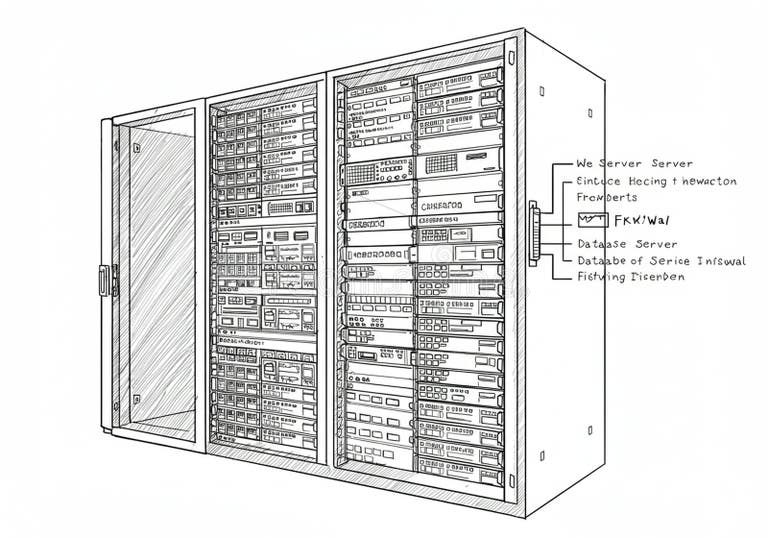 Detailed Technical Drawing of a Server Rack System, Showcasing Multiple ...