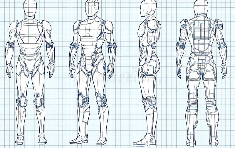 Detailed Technical Drawings of a Humanoid Robot from Multiple Angles ...