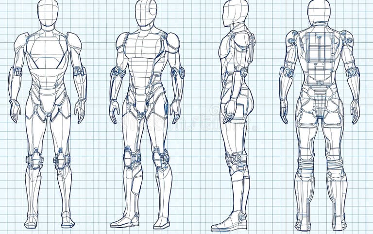 Detailed Technical Drawings of a Humanoid Robot from Multiple Angles ...