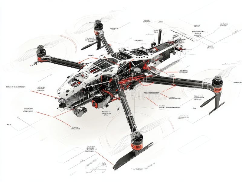 Detailed Technical Illustration of a Drone Showcasing Its Components ...
