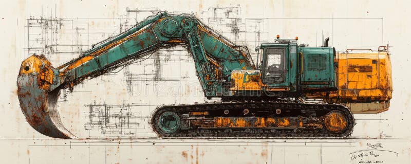 Detailed Technical Illustration of a Green and Orange Excavator Side ...