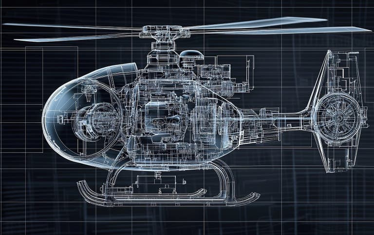 Detailed Technical Illustration of a Helicopter Showcasing Internal ...