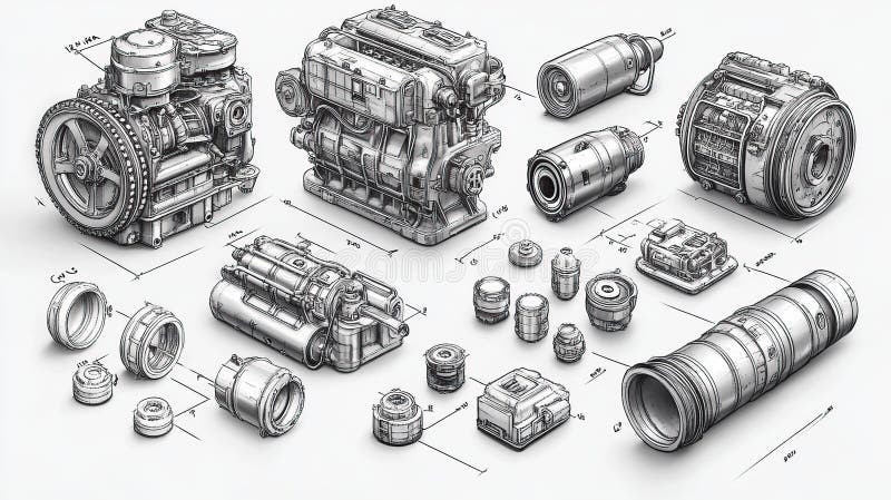 Detailed Technical Illustration of Various Engine Parts, Components ...