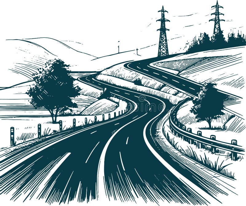 Winding Road through Hilly Landscape in Detailed Technical Illustration ...