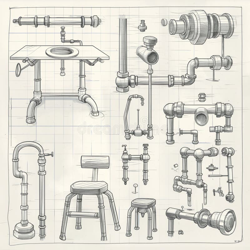 Detailed Technical Plan of Industrial Table and Chair with Exact ...