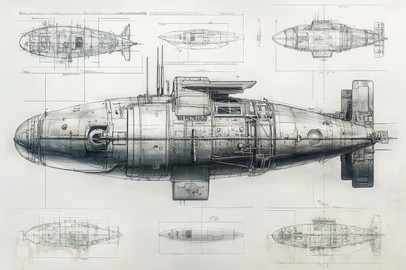 Technical Sketch of a Deep-sea Submersible Design Showcasing Various ...